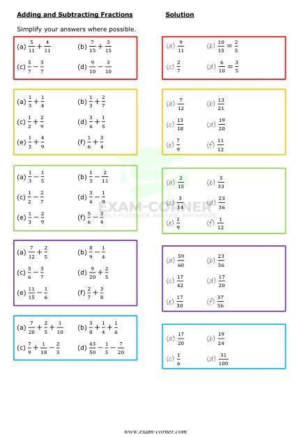 Adding and Subtracting Fractions Practice Strips Solution – Exam-Corner